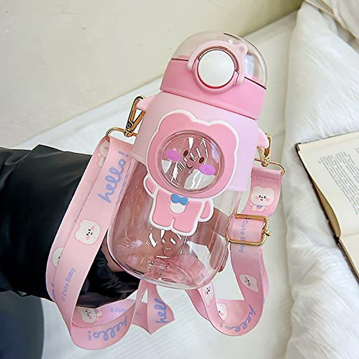 JQWSVE Kawaii Water Bottle with Straw, 24oz Kawaii Bear Water Bottle BPA-Free, Leak-Proof Cute Water Bottles Anti-Drop Cartoon Bear Shaped Bottle for Boys Girls Travel Home School, Pink