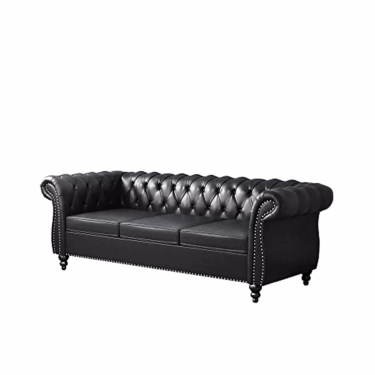 AVZEAR Leather Sofa 3 Seater Couch, Large Sofa Furniture Roll Arm Classic Tufted Chesterfield Settee Leather Sofa with Channel Tufted Seat Back for Living Room, Black PU