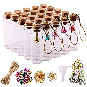 maxmau Mini Glass Bottles with Cork Stoppers 15ml Mini Jars Wishing Bottles 25pcs with Connection Accessories Twine Bell Decoration