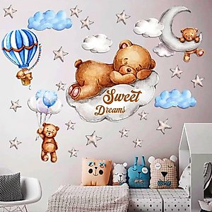 Tedy Bear Sleeping on The Moon and Stars Wall Stickers for Kids Baby Room Decor Sweet Dream Moon Hot Air Star Baby Nursery Decor Room Interior Decor Kid Bedroom Playroom Wall Decals (Blue)