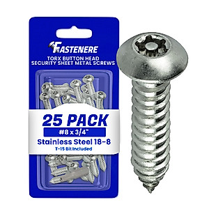 Fastenere Torx Security Sheet Metal Screws - #8 x 3/4" (25-Pack) Button Head, Tamper-Resistant, Anti Theft Stainless Steel Screws for Higher Level of Safety & Secure Fastening Solution