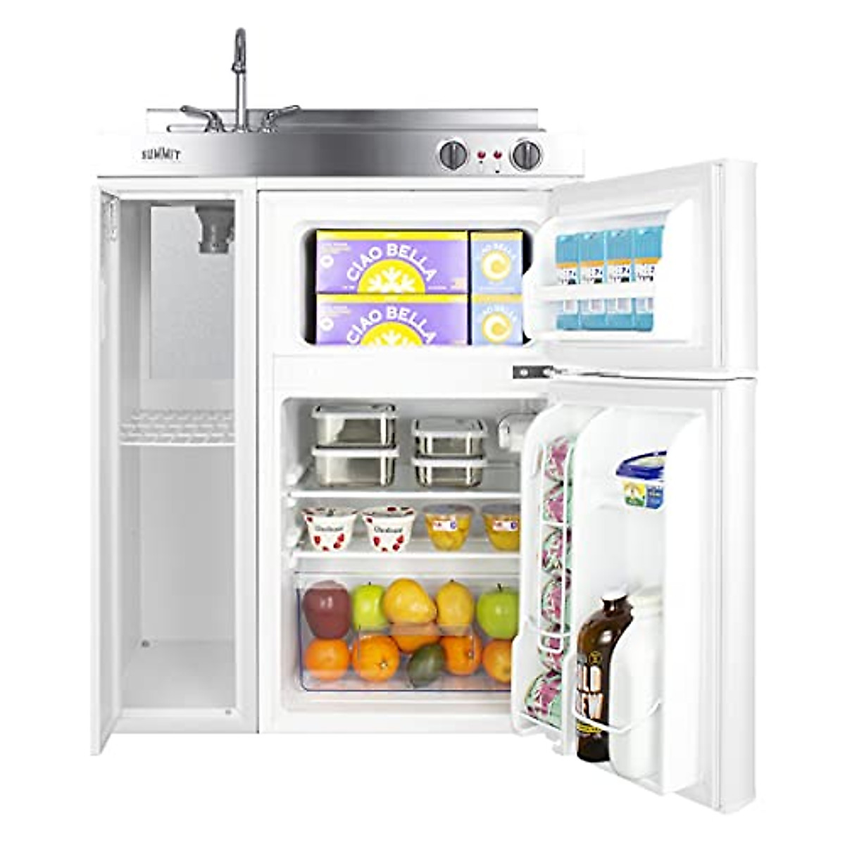 Summit C30ELGLASS 30 Kitchenette with 2 Element Cooktop Refrigerator with Freezer Sink and Faucet in White