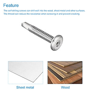 uxcell Hex Socket Self Tapping Screws, #10 x 1-1/4" 410 Stainless Steel Sheet Metal Flat Head Drilling Screw 100pcs, Silver