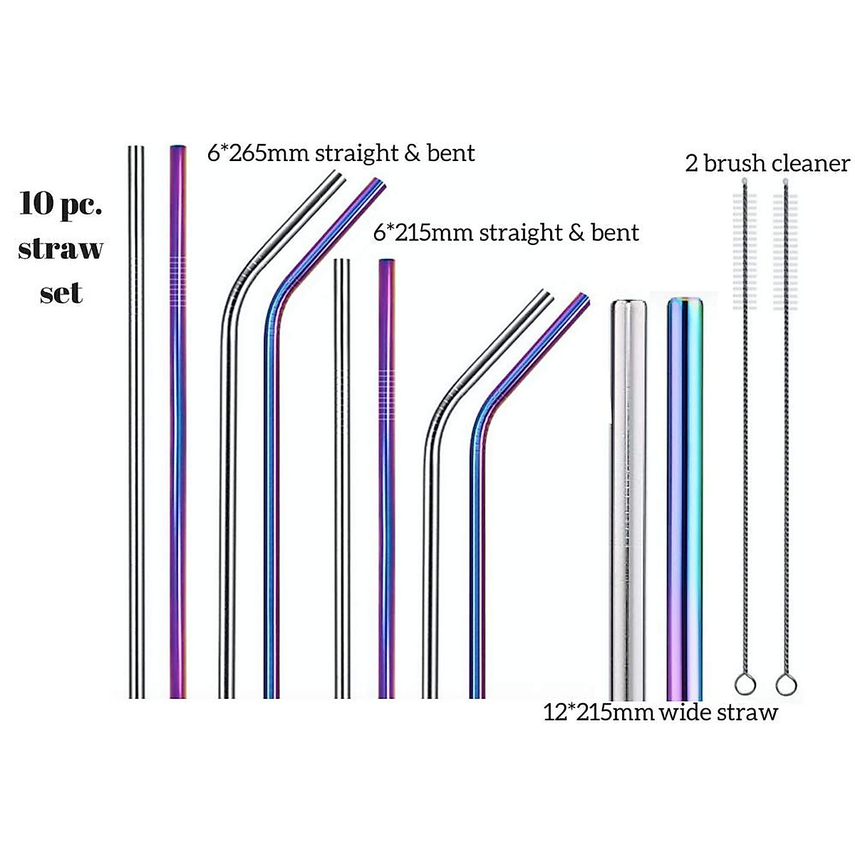 Stainless Steel Drinking Straws | COMPLETE Set - 10 straws, 2 Brush Cleaners & Travel Case | Eco Friendly | Straight & Bent PLUS Wide Smoothie/Boba Straws | Perfect For 20, 30oz. Yeti/RTC Tumblers etc