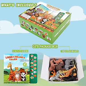 Tudoccy Safari Animals Figures Toys - 13 Realistic Wild Plastic Animal Figurines & Kids Sound Book - Educational Learning Toys Gift for 3 Years Old & Up Boys Girls Toddlers