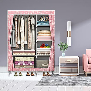 QLFJ-FurDec Portable Wardrobe Closet, Clothes Storage Organizer Rack Shelves with Hanging Rods, Non-Woven Fabric Cover Standing Closet for Hanging Clothes, Stable and Easy Assembly, Pink Dot Style