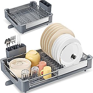 TOOLF Aluminum Extendable Dish Rack, Dual Part Dish Drying Rack with Non-Scratch and Movable Cutlery Drainer and Drainage Spout, Adjustable Dish Drainer for Kitchen, 1 Piece Grey