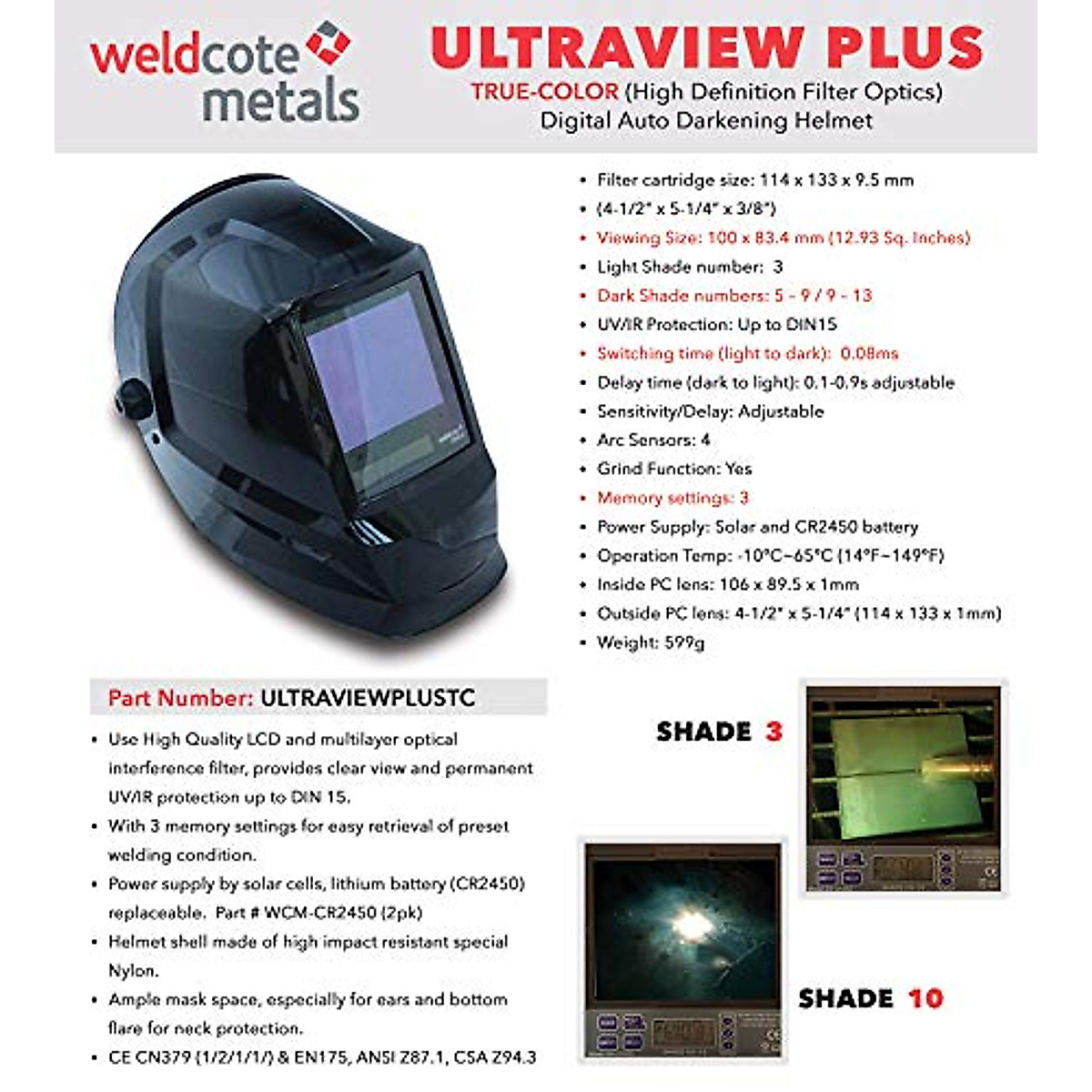 Weldcote Metals Ultraview Plus True Color Digital Auto Darkening Welding Helmet Shade 9-13, Black