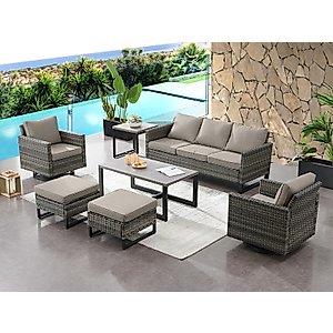 HUMMUH 7 Piece Patio Furniture Set Outdoor Sectional Sofa,High Back Patio Swivel Rocker Chairs with Ottomans Coffee Table for Porch,Garden,Backyard