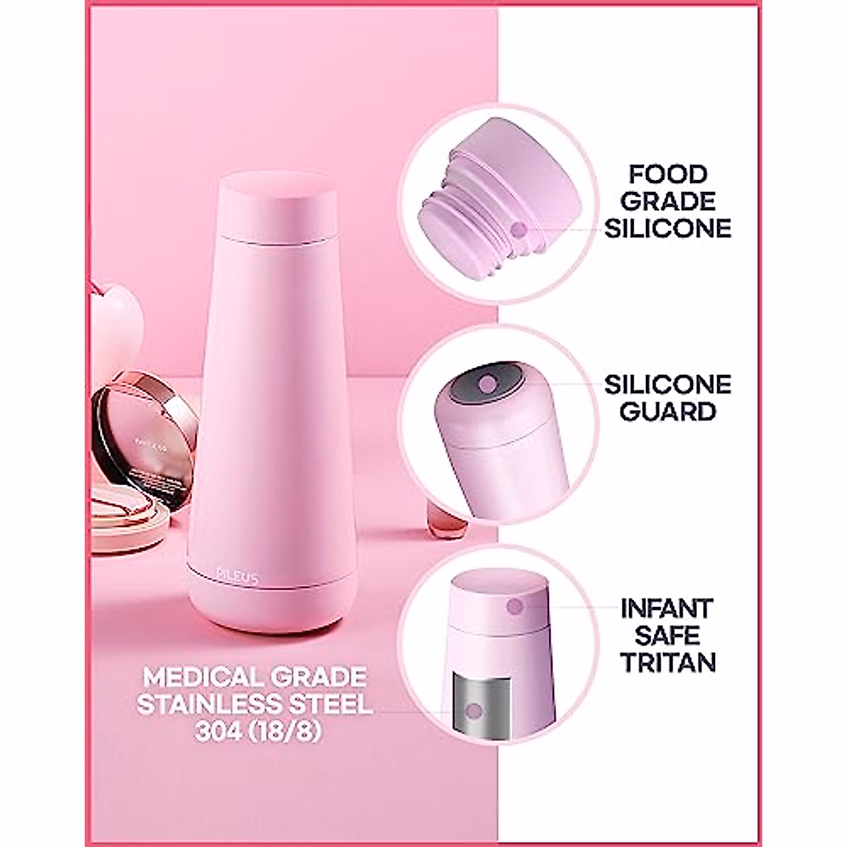 PILEUS INSULATED THERMOS WATER BOTTLE 12oz-14H Hot & 58H Cold, 7Layer Insulated Cap, Double Wall Insulation Vacuum Structure, Medical Grade StainlessSteel304(18/8) BPA-Free Tritan, Food Grade Silicone