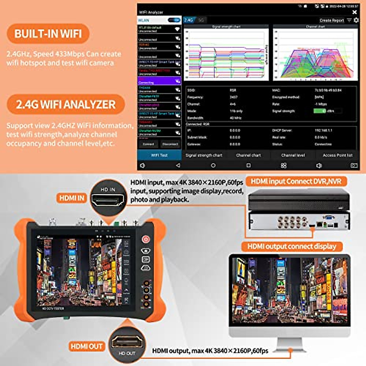 Rsrteng X9-MOVTADHS CCTV Tester,8K 32MP 12MP IP Camera Tester,4K 8MP TVI/CVI/AHD/SDI/CVBS CCTV Monitor Support DMM, OPM, VFL, TDR,Network Tools,WiFi,HDMI