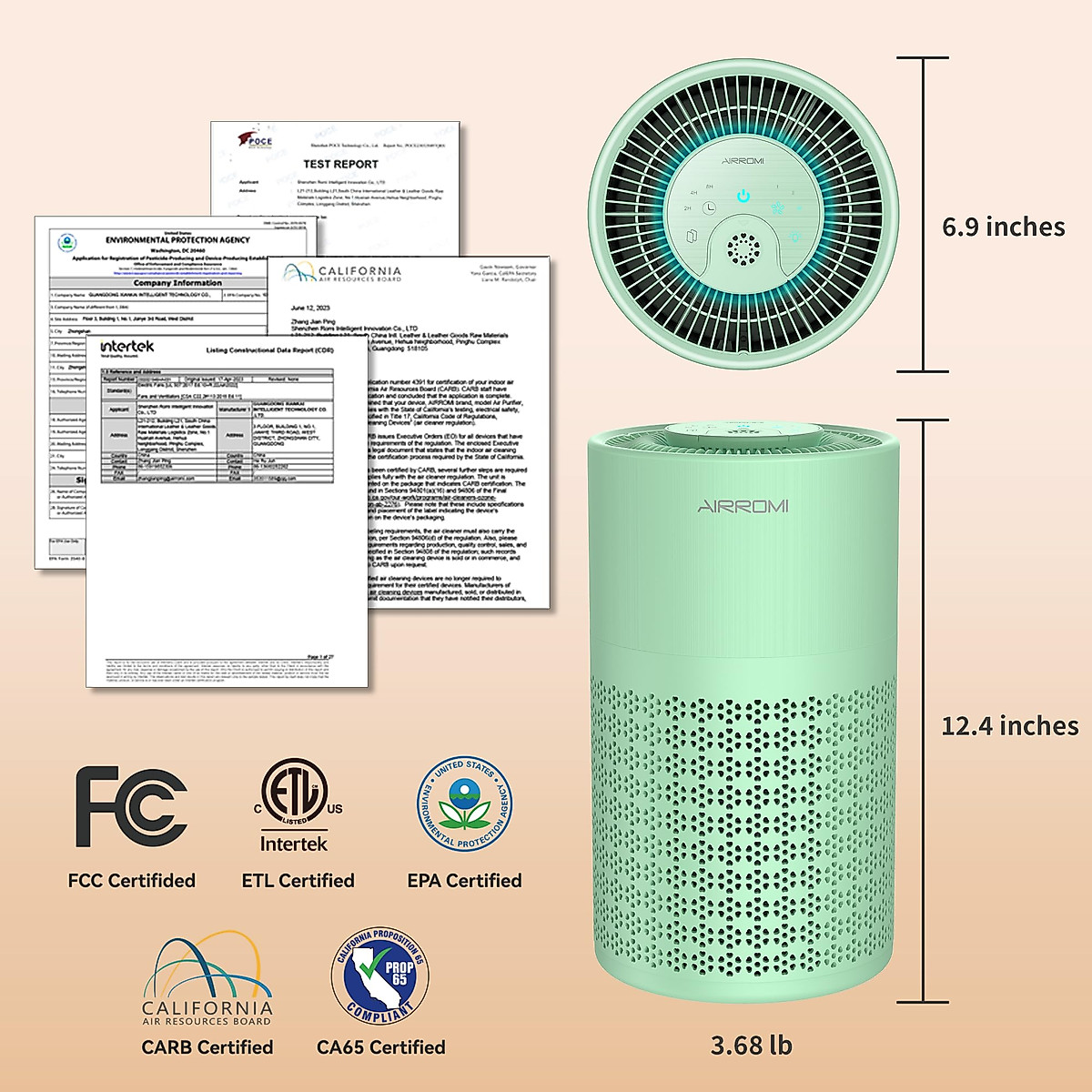 AIRROMI Air Purifiers with an Extrea Filter Covers Up to 990 sqft, Air Cleaner with Fragrance Sponge for Allergens Dust, Smoke, Odor, Dander, Pollen, H13 True HEPA 3-in-1 Filter Green