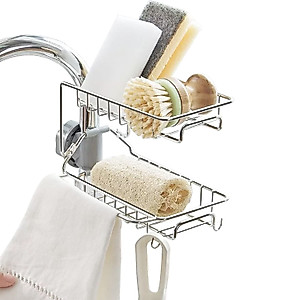 CSKB Sponge Holder for Kitchen Sink, Double-Layer Faucet Rack for Kitchen Sink, Multifunction Stainless Steel Faucet Rack, Soap Sponge Holder with Towel Rack for Kitchen Bathroom