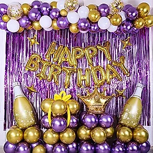 Purple Gold Birthday Decorations for Women Girls, Gold Happy Birthday Banner 13th 16th 18th 21st 30th 40th 50th 60th Birthday Party Decorations, Champagne Purple Gold & White Balloon Arch Kit