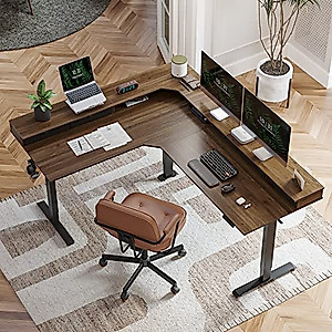 FEZIBO Triple Motor 75" L Shaped Standing Desk with 5 Drawers, Reversible Electric Standing Gaming Desk Adjustable Height, Corner Stand up Desk with Splice Board, Black Frame/Black Walnut Top