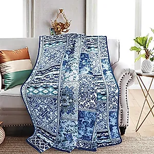 NEWLAKE Quilted Throw Blanket for Bed Couch Sofa, Blue Classic Bohemian, 60X78 Inch