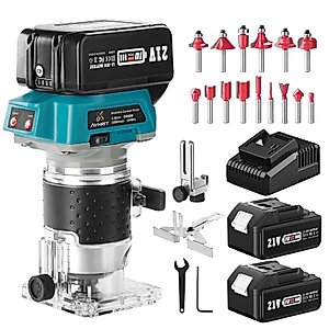 Avhrit Cordless Compact Router, Wood Router Tool With 2PCS 4.0Ah Batteries, 21V Brushless Portable Handheld Palm Routers for Woodworking, Wood Trimmer Cutting with 15 pieces 1/4" Router Bits Set