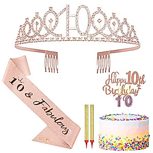 10th Birthday Decorations Gifts for Girls, 10th Birthday Crown/Tiara and 10 Birthday Sash, Cake Toppers Birthday Candle, Rose Gold 10 Birthday Decorations Party Accessories for Her
