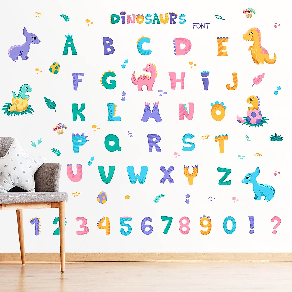 WOYINIS Dino Alphabets Wall Stickers Peel & Stick Vinyl Dinosaur ABC Numbers Wall Decal Colorful Classroom Kids Room Playroom Baby Nursery Wall Decor Early Education Learning Tools