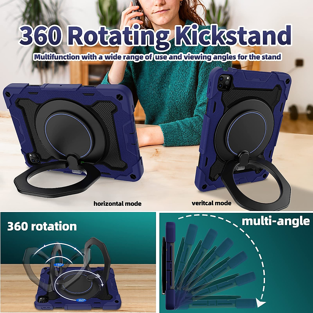 ROISKIN for iPad Air 5th 4th Generation Case 10.9 inch and iPad Pro 11 inch Case 4th 3rd 2nd 1st Gen for Kids (Without Screen Protector), 360 Kickstand Handle Shoulder Strap Case