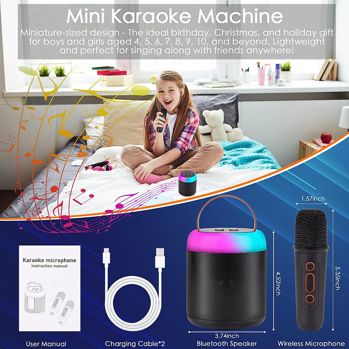 Mini Karaoke Machine for Kids,Portable Bluetooth Speaker with Wireless Microphone,Christmas and Birthday Gifts for Kids,Toys Gifts for Aged 3 4 5 6 7 8 9 10 11 12+ Years Teens Girl Boys Black