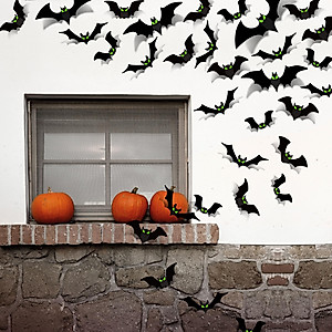 Halloween Decorations Indoor - Bats Halloween Decorations Plastic Spooky Scary 3D Bats for Halloween Party Bathroom Kitchen Home Room Outdoor Wall Glow Eyes Bats Stickers Gothic Decor 56 Pcs