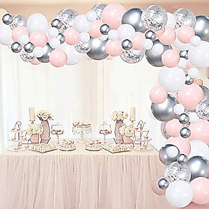 Silver Pink Balloons Garland Kit, 100pcs White and Silver Confetti Metallic Latex Balloons Arch with 16ft Tape Strip & Dot Glue for Girl Baby Shower, Birthday Party, Wedding, Anniversary Decorations