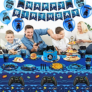 Gamer Birthday Decorations Video Game Birthday Decorations for Boys Game on Birthday Party Supplies Game Plates and Napkins Tablecloth Blue Gaming Party Decorations Men Kids Girls Level Up Party Decor