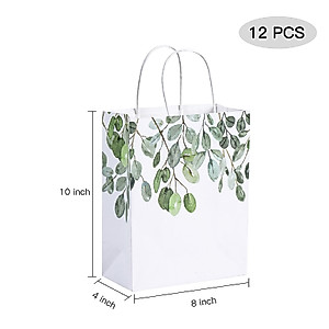 WRAPAHOLIC Medium Eucalyptus Kraft Paper Gift Bags - Green Eucalyptus Leaves Design for Birthday, Baby Shower, Holiday, Party Gift Wrap (Pack of 12)
