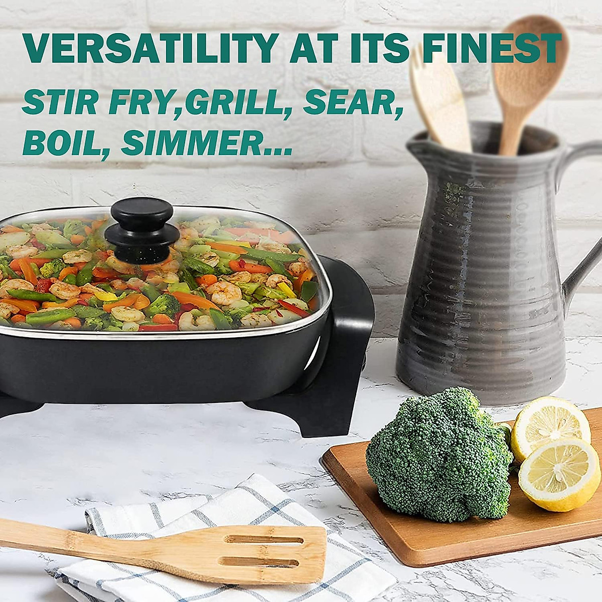 Nonstick Extra Deep Electric Skillet - with Glass Vented Lid, Serves 4 to 6 People (7.5Qt.)