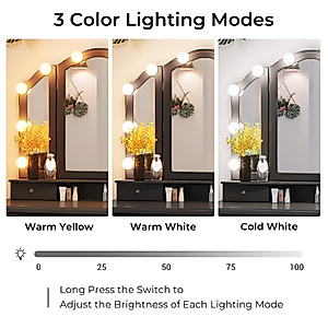 Tiptiper Makeup Vanity with Lights, Vanity Desk with 10 Light Bulbs & 3 Color Lighting Modes, Vanity Table with 5 Drawers and Cushioned Stool, Makeup Table with Tri-Fold Mirror for Women Girls, Black