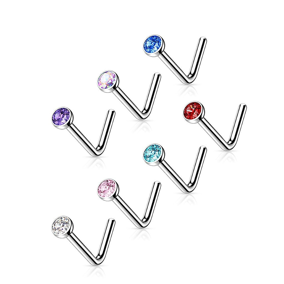 FIFTH CUE Solid Grade 23 Titanium Press Fit Cubic Zirconia 2.5mm Micro Ball Top L bend Stud Nose Ring (20G)