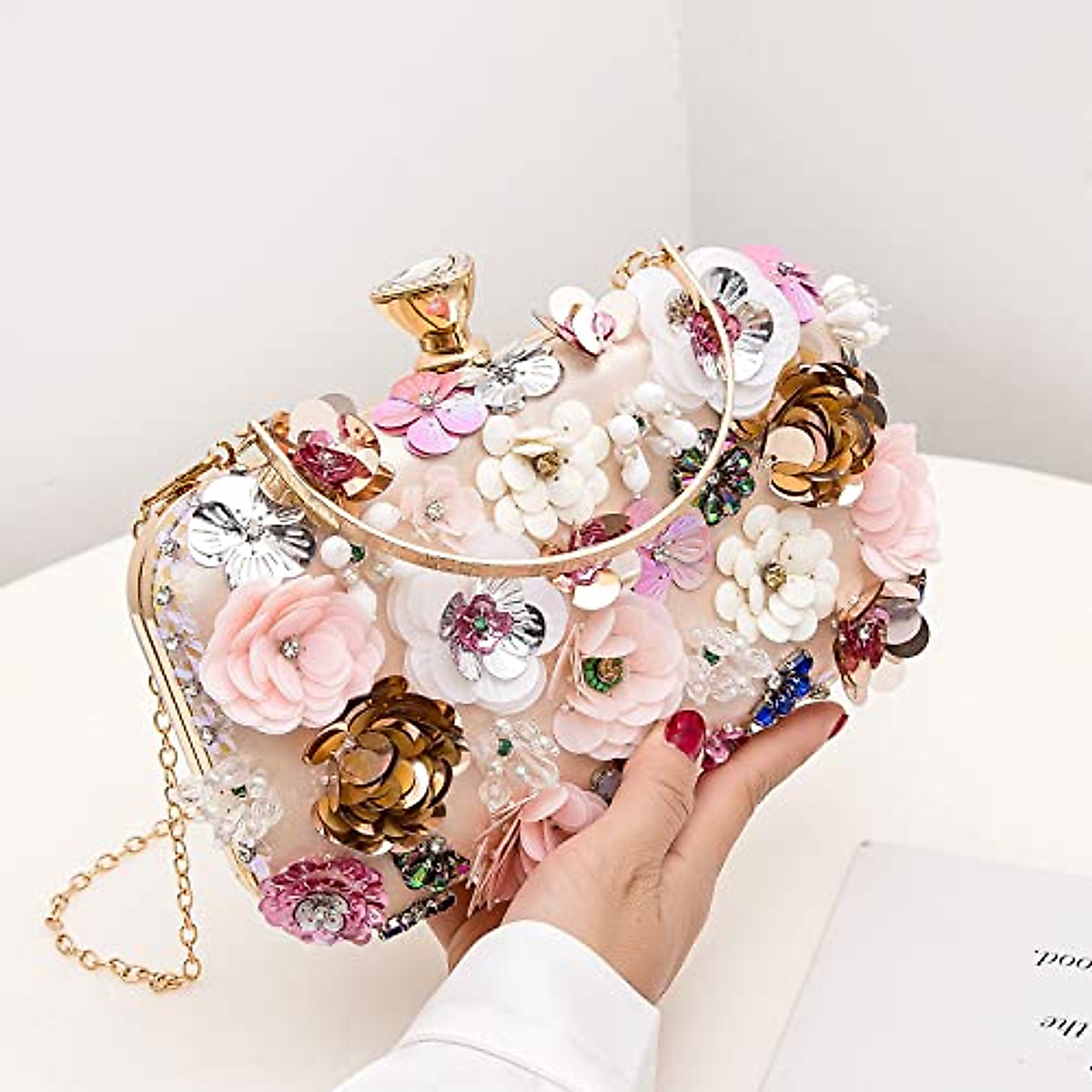 LETODE Flower Clutch Purse Evening Bag for Women Formal Party Handbag Chain Strap Shoulder Bag (Gold)