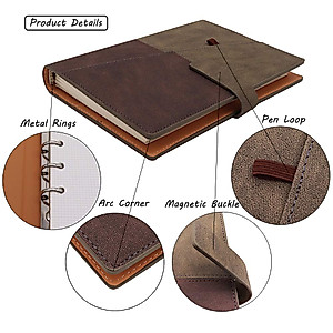 HXRTANGS A5 Loose-Leaf Notebook, Refillable 6-Ring Binder Journal Organizer with 80 Sheets Lined Paper + Planner Stickers + Subject Dividers + Index Tabs + Zip Bag + Stencil + Bookmark Ruler, Brown