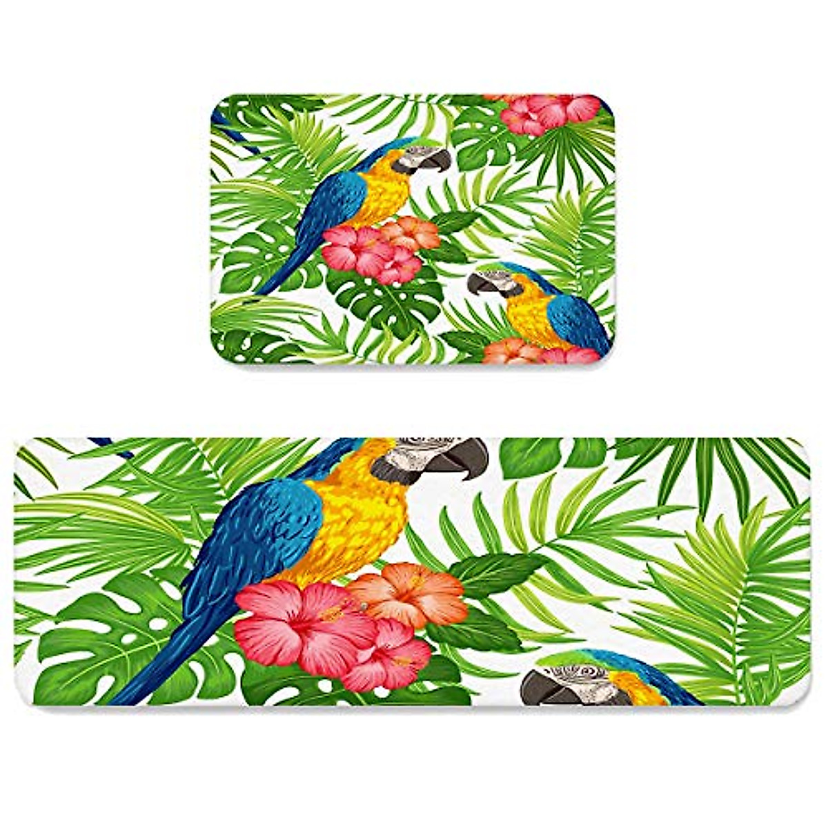 Tropical Plants Kitchen Mats for Floor Cushioned Anti Fatigue 2 Piece Set Kitchen Runner Rugs Non Skid Washable Exotic Monstera Themed Banana Leaves Parrot Jungle 15.7x23.6+15.7x47.2