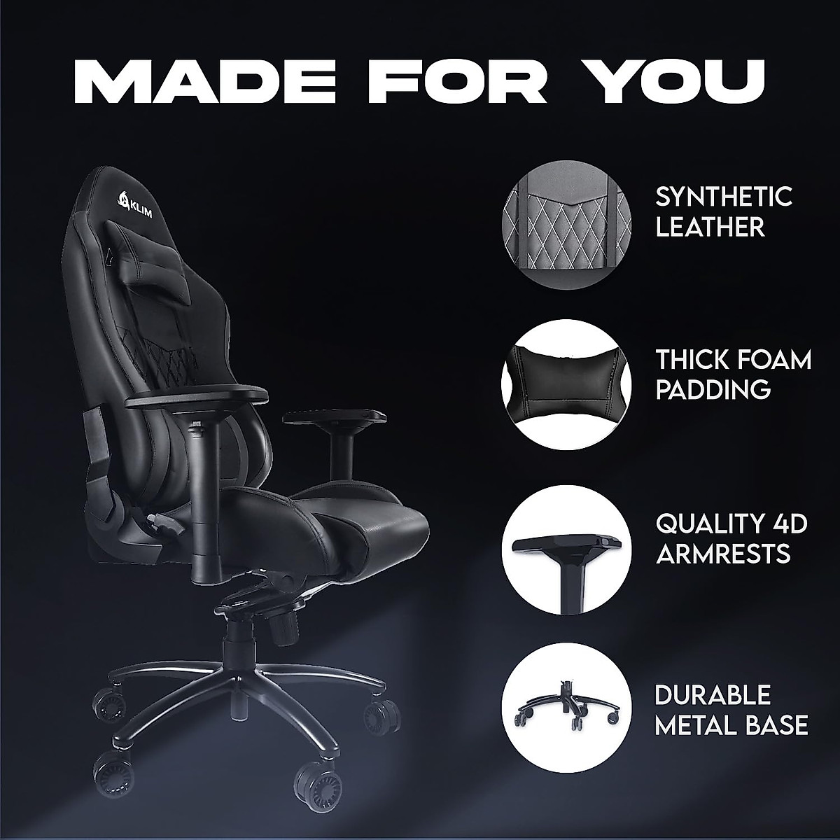 KLIM Esports Gaming Chair with Back & Head Support + Ergonomic Computer Chair with Adjustable Armrests + PU Leather + Very Robust Gamer Chair for Adults + New Version Office Chair + Black…