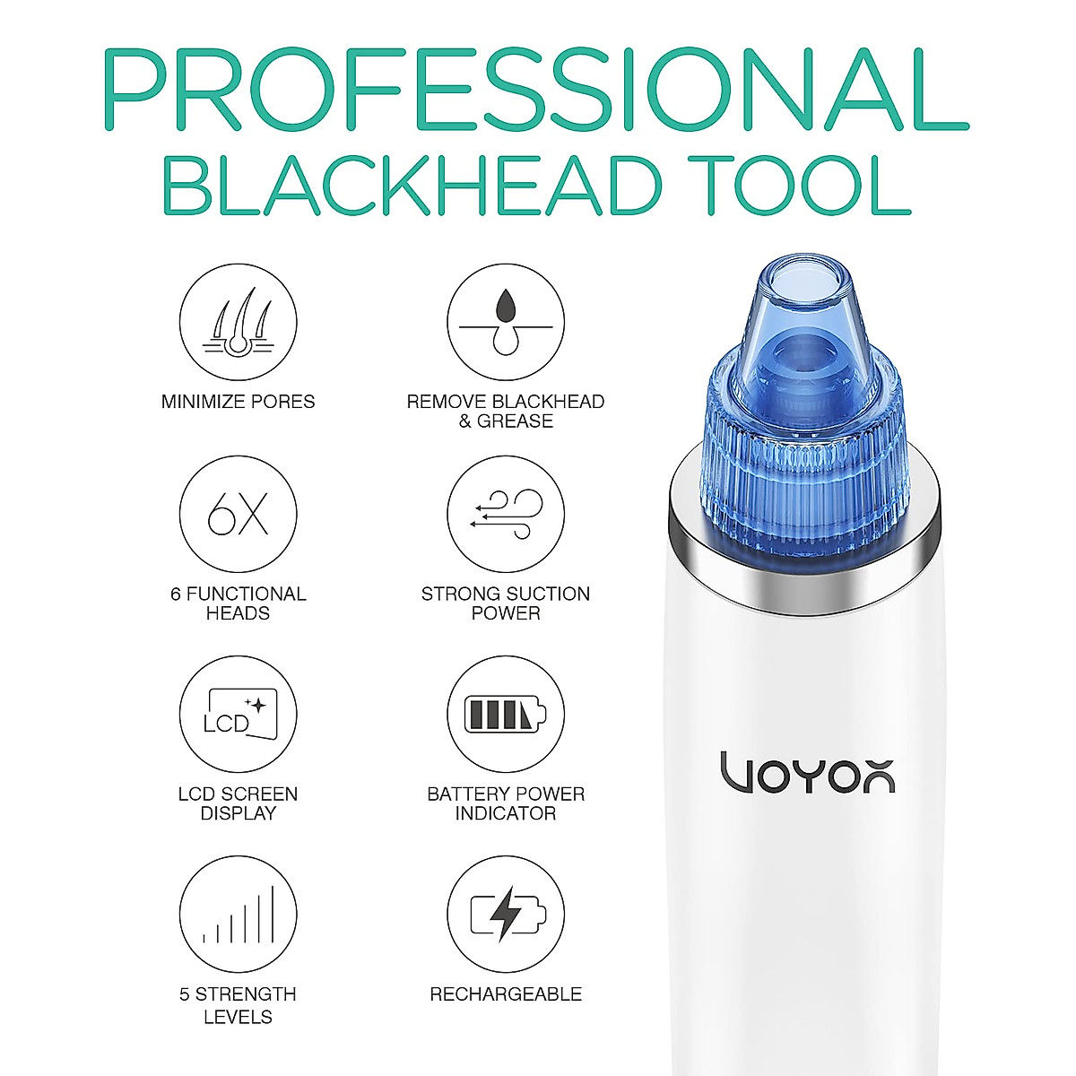 VOYOR Blackhead Remover Pore Vacuum - Electric Face Vacuum Pore Cleaner Acne White Heads Removal with Suction Heads (BR510)
