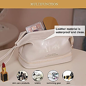Abiudeng Large Makeup Bag,Double Layer Cosmetic Bag,Travel Makeup Bag,Leather Makeup Bag, Cosmetic Travel Bags,Portable Leather Toiletry Bag,Roomy Cosmetic Bag for Women and Girls.White