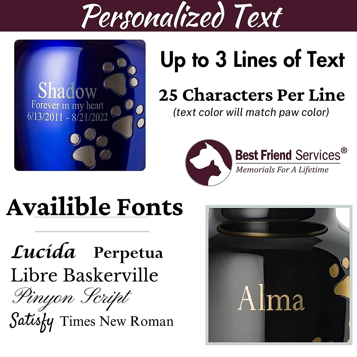 Best Friend Services Pet Urn for Dogs and Cats with Personalized Laser Engraving, Ottillie Paws Premier Series Memorial Urns (Medium Amethyst Purple with Horizontal Pewter Paws)