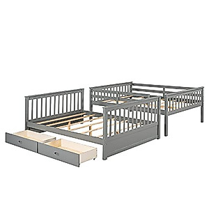 BIADNBZ Full Over Full Bunk Bed with Two Storage Drawers, Solid Wood Bedframe w/Ladders Guard Rail, Convertible to 2 Beds, for Kids Teens Dorm Bedroom Guest Room, No Box Spring Needed,Gray-D