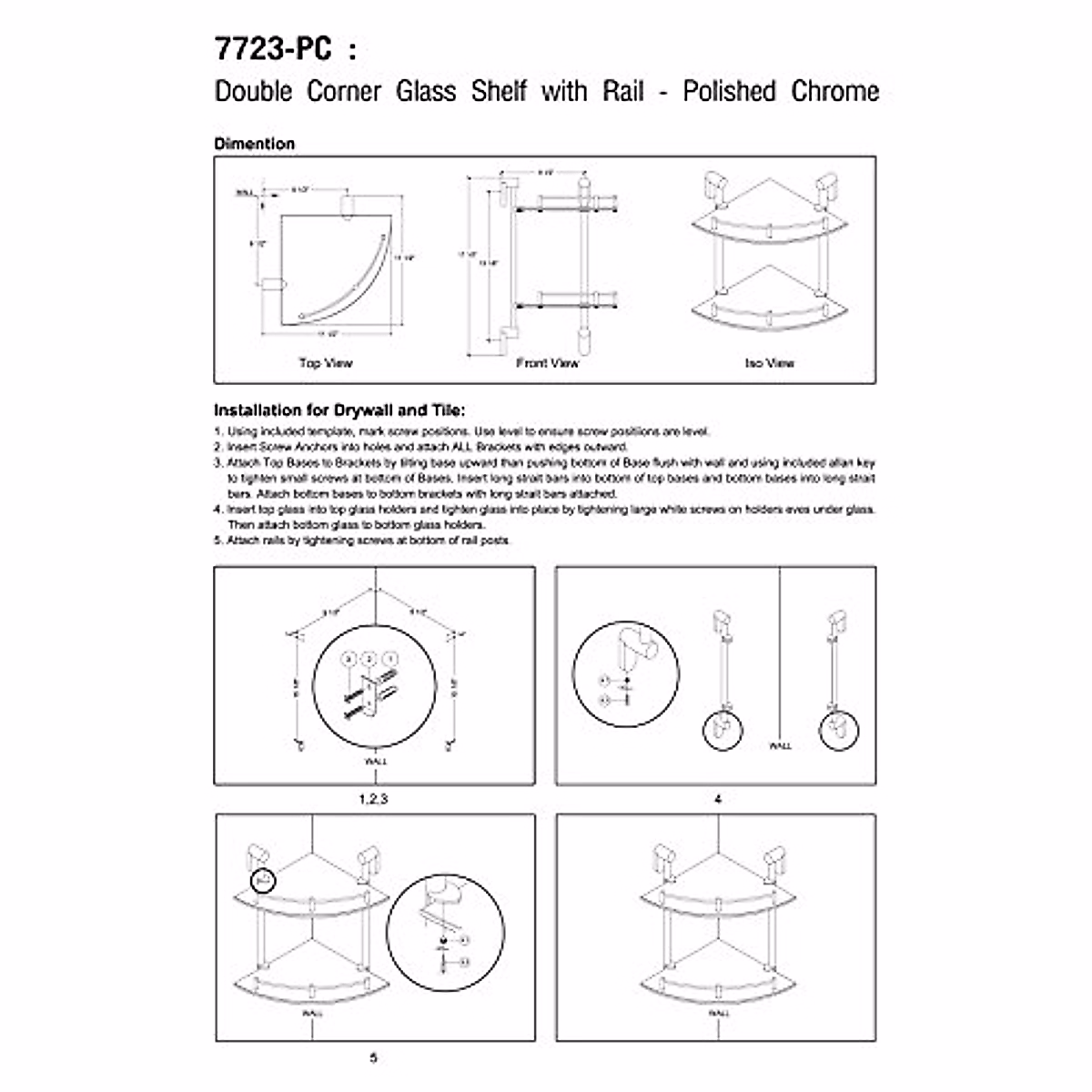 MODONA Double Corner Glass Shelf with Pre-Installed Rail - Polished Chrome - Oval Series - 5 Year Warrantee