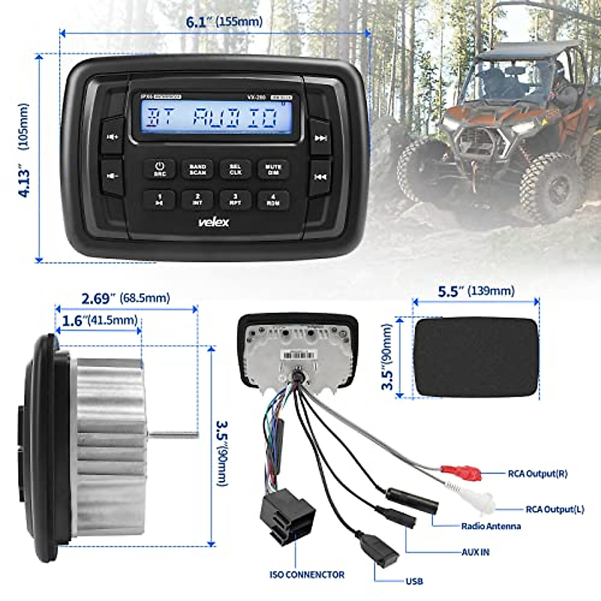 Velex Powersport Marine Stereo Radio AM FM Tuner Stereo 4 x 45W Bluetooth Streaming UTV ATV