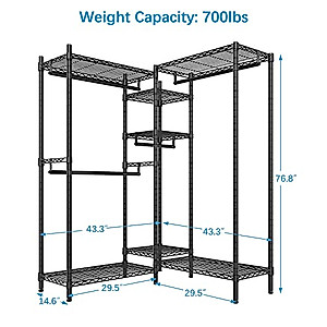 VIPEK L6 Garment Rack L Shaped Clothes Rack Heavy Duty Clothing Rack Metal Freestanding Closet with 7 Adjustable Shelves & 4 Hanging Rods 43.3"L x 43.3"W x 76.8"H, Max Load 700LBS, Medium Size, Black