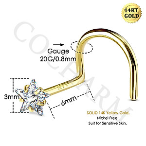 COCHARM 14k Solid Gold Nose Studs 14k Gold 3mm Nose Rings for Women Real Gold Star CZ Nose Screw 14k Hypoallergenic Nose Piercing Gold