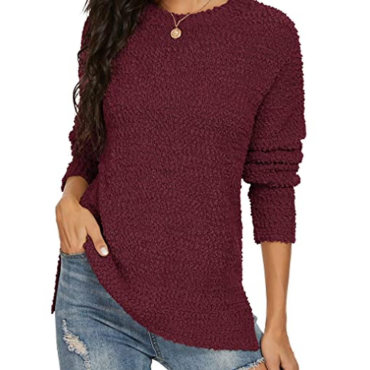 GRECERELLE Women’s Fuzzy Knitted Sweater Sherpa Fleece Side Slit Long Sleeve Loose Fit Jumper Outwears Pullover Sweater Blouse Wine Red-Mudium