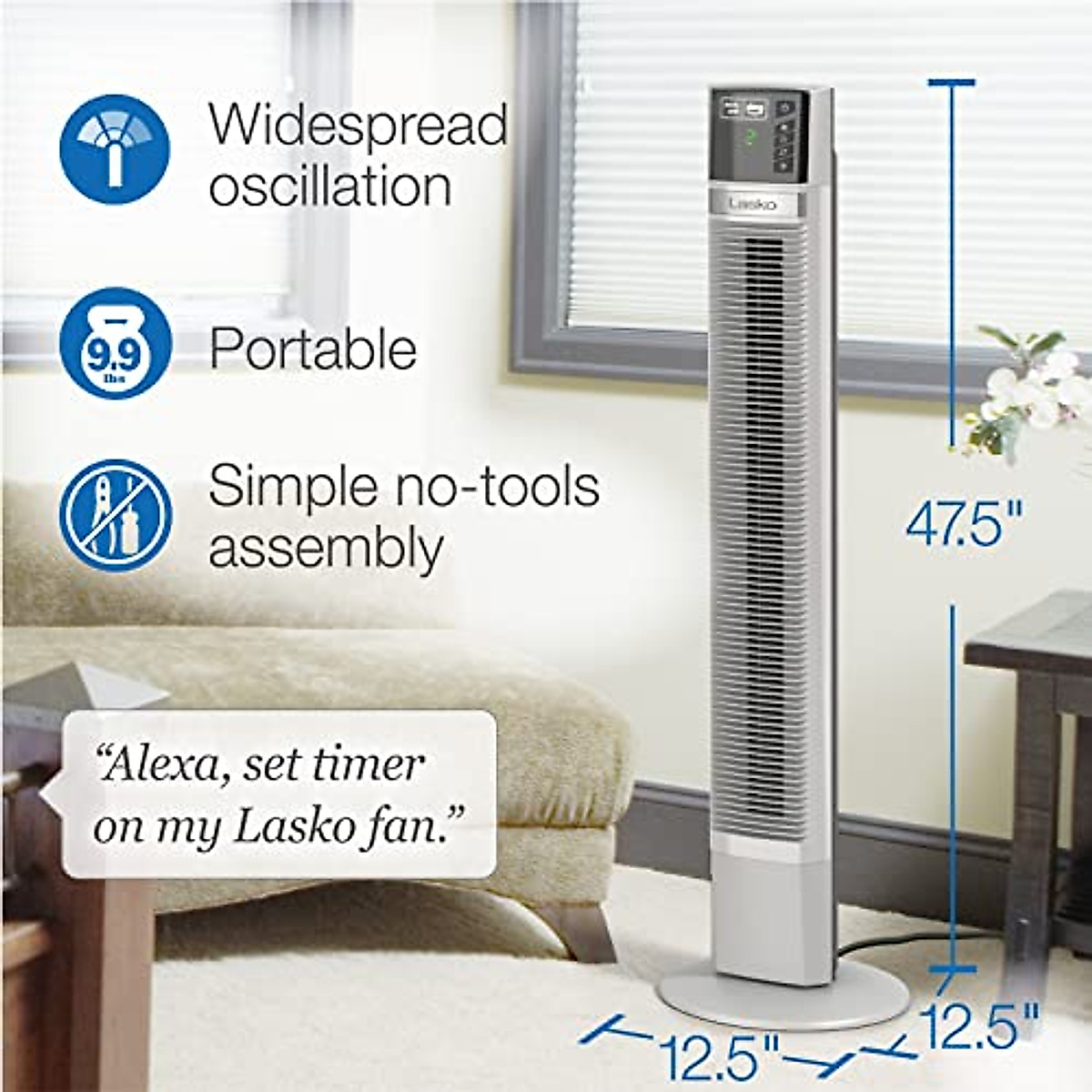 Lasko Works with Alexa Oscillating Tower Fan, Voice Controlled, 4 Quiet Speeds, Sleep Mode, Timer, Bedroom, Living Room, 48", White, T48401