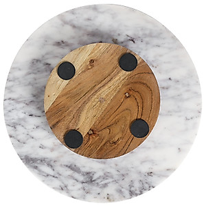 MyGift 11 Inch Natural White Marble with Acacia Wood Base Lazy Susan Serving Tray - 360 Degree Rotating Spice and Condiment Turntable - Handcrafted in India