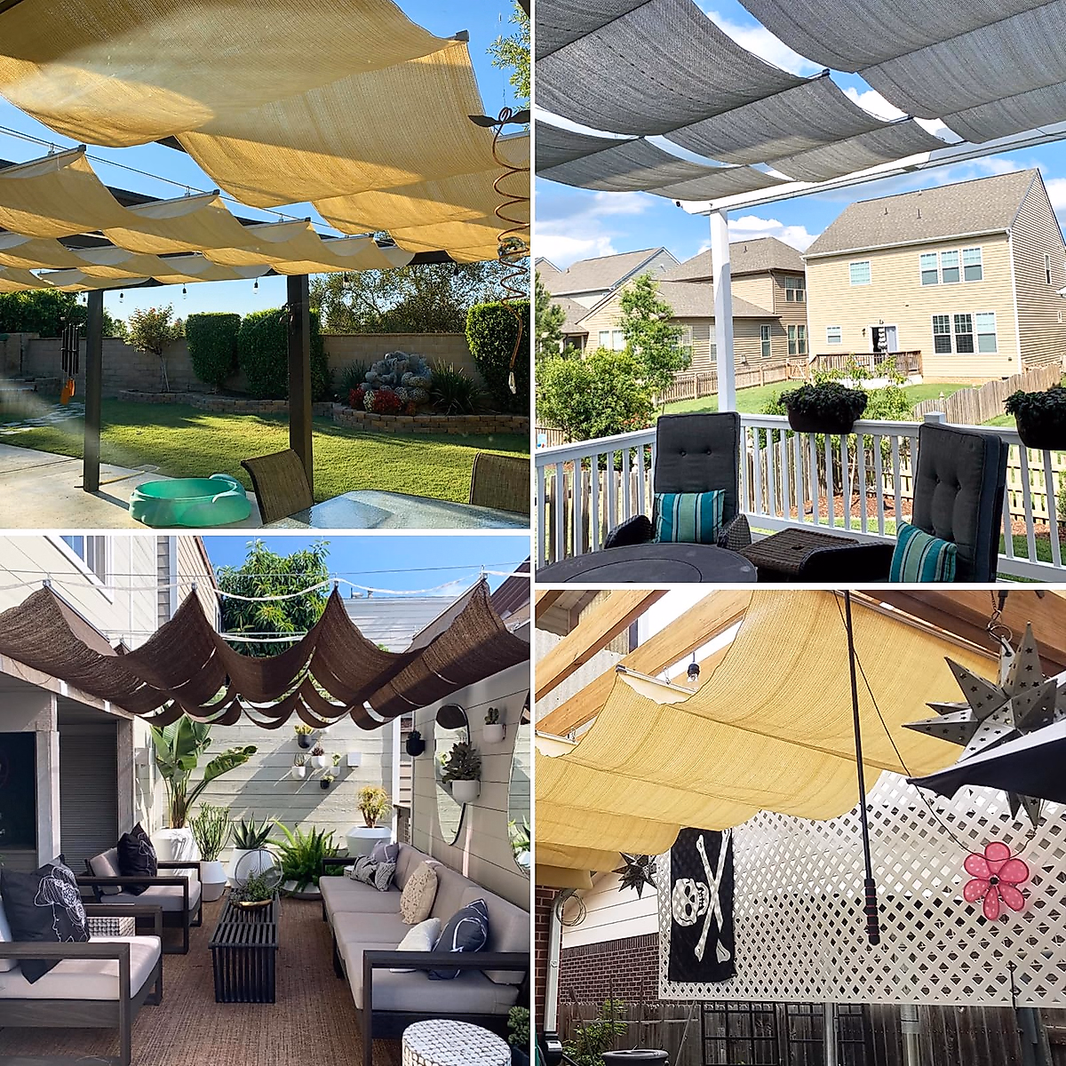 TANG 4' X 12' Retractable Pergola Shade Cover Replacement Shade Covers for Deck Porch Patio Permeable Wave Shade Sail Removable with Hardware Wire Cable(Beige)