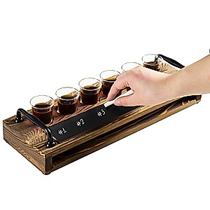 MyGift Tequila Shot Glasses Liquor Flight Tasting Set Includes Burnt Wood Serving Tray with Chalkboard Panel and Metal Handles and 6 Clear Shot Glasses