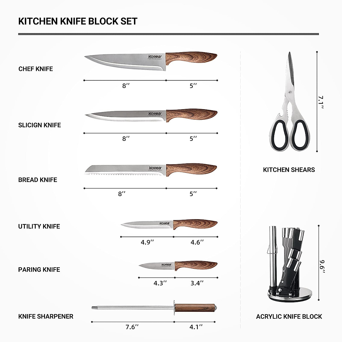Kollea Kitchen Knife Set, 8 Pieces Stainless Steel Knives, Kitchen Steak Bread Knives Set with Acrylic Stand Knife Sharpener Kitchen Shear, Brown